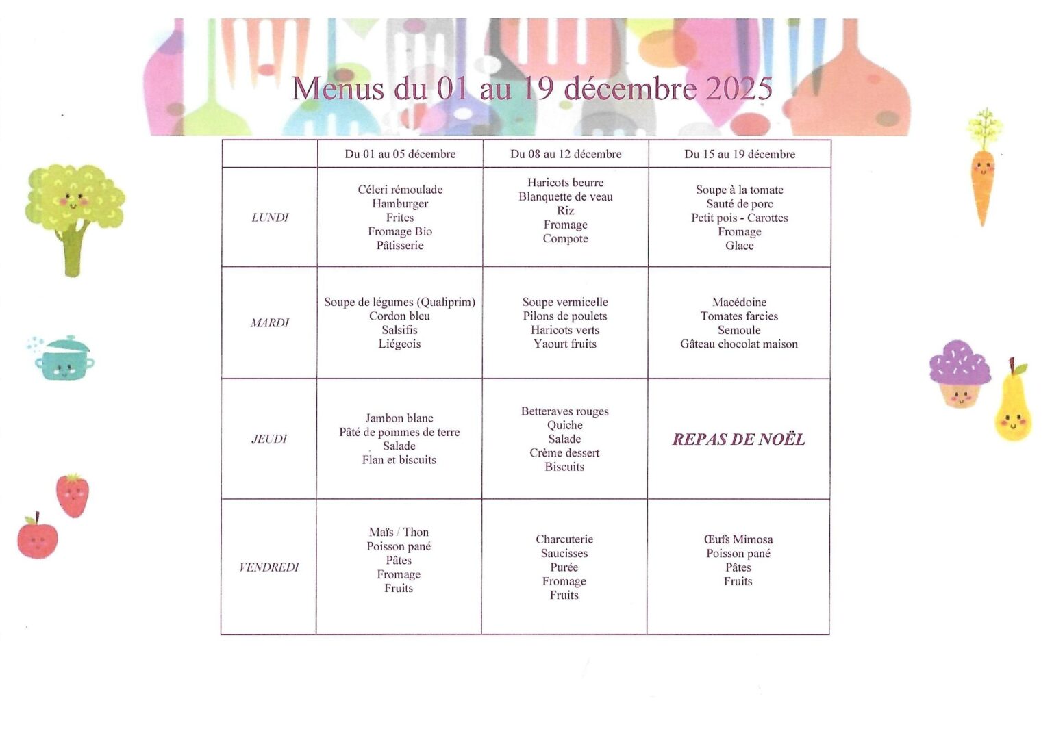 Menus du mois de décembre – Blog de l'école de Saint Sulpice les Champs